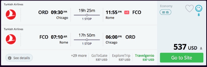 Chicago to Rome or Barcelona from $537 R/T [Turkish Airlines]