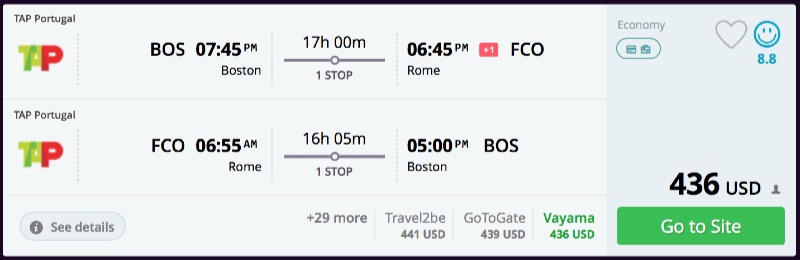 Boston to Rome, Italy for $436 R/T [TAP Portugal]