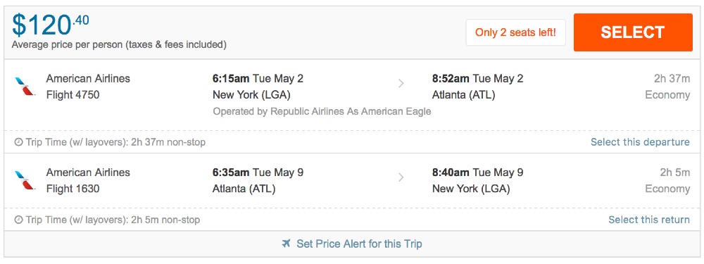New York to Atlanta and vice versa for $60 O/W (120 R/T) nonstop