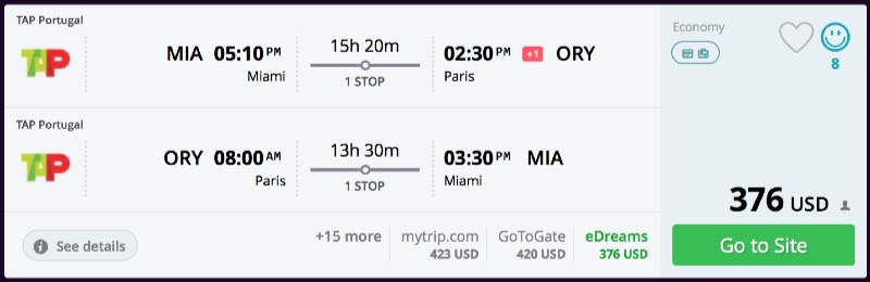 Miami to Paris, France for $376 R/T [TAP Portugal]