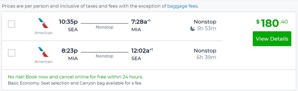 Nonstop! Seattle to Miami and vice versa for $90 O/W ($180 R/T) [AA]