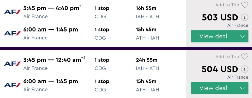 Houston to Athens (Greece) for $503 round-trip via Air France