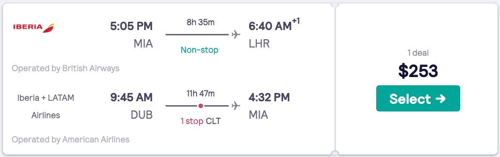2in1: Boston/Miami/Seattle to London, UK and return from Dublin ...