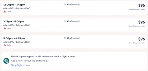 Delta nonstop flights between Atlanta and Baltimore for $96 R/T